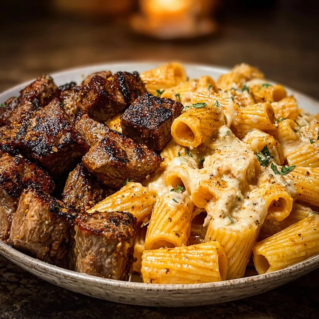 Cajun Steak Tips with Creamy Parmesan Rigatoni